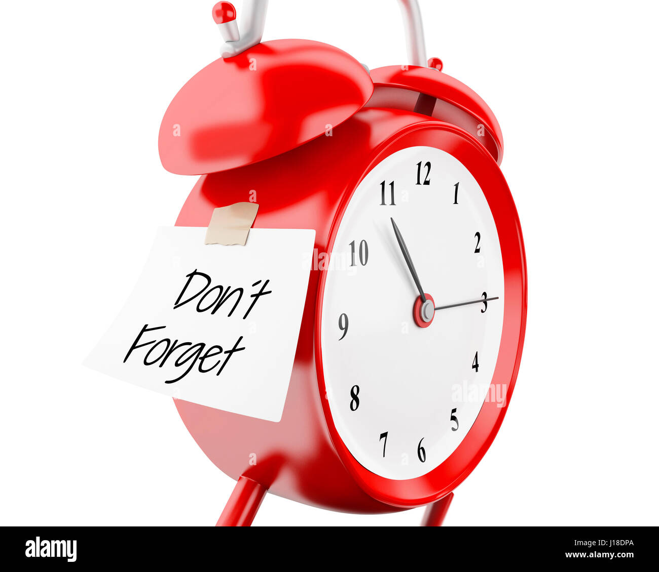 3d illustration. Alarm clock with sticky paper written "don't forget ...