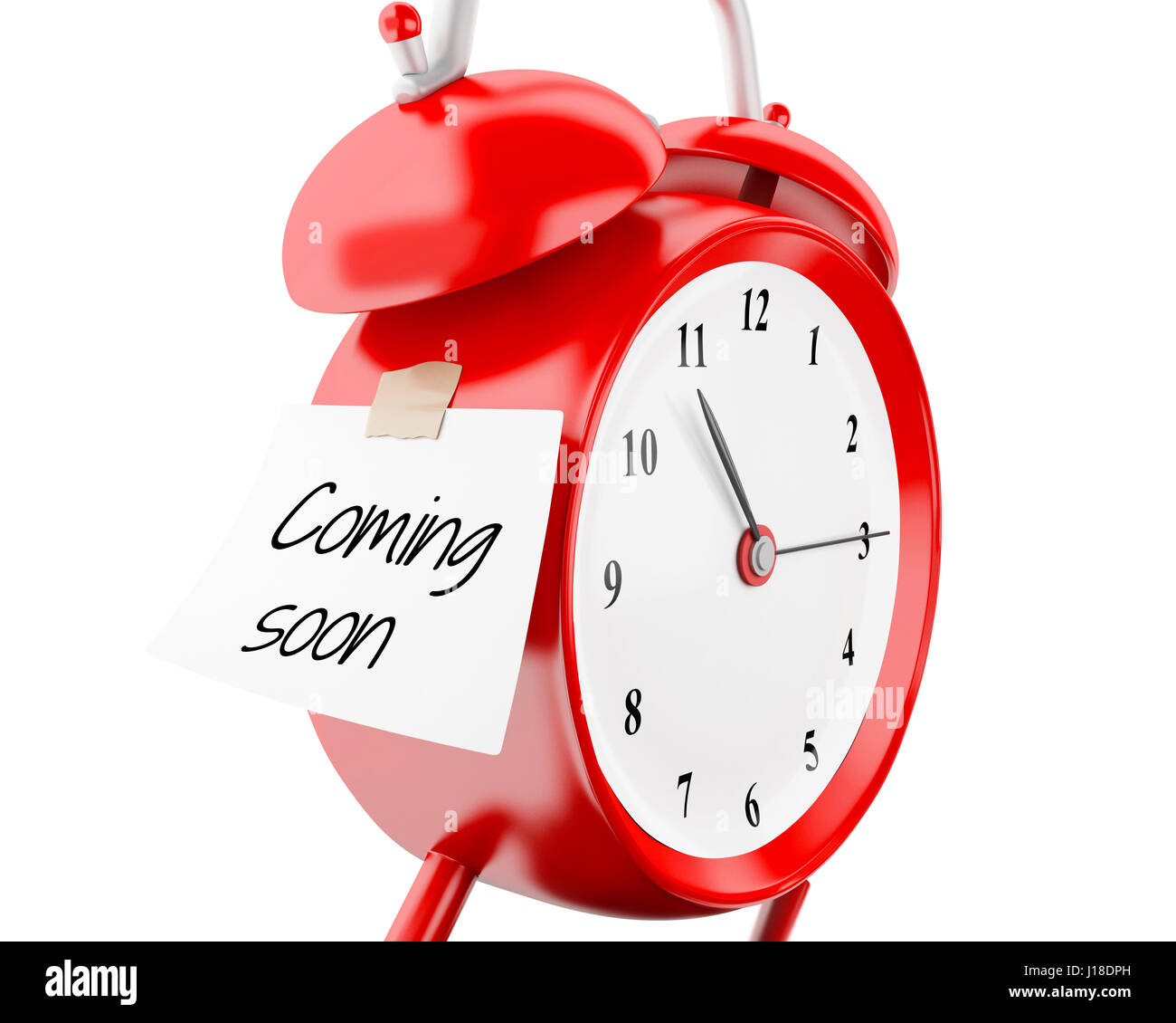 3d illustration. Alarm clock with sticky paper written "coming soon ...