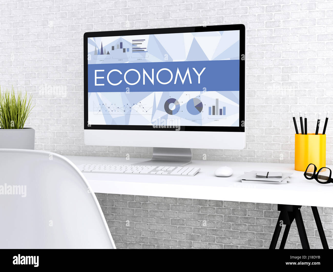 3D illustration. Modern workspace and computer with word ECONOMY ...