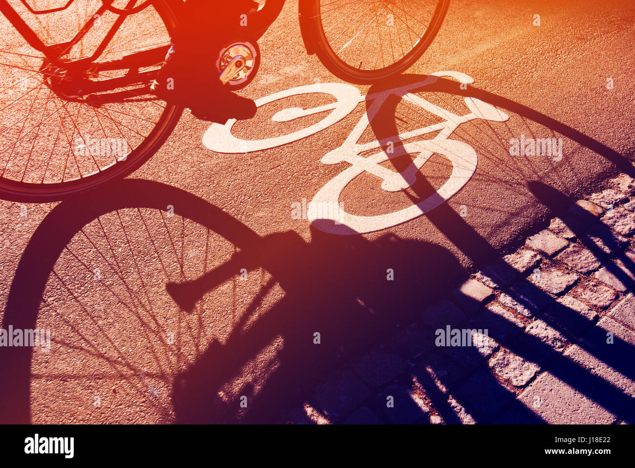 Shadow of unrecognizable cyclist riding a bike on bicycle lane through ...