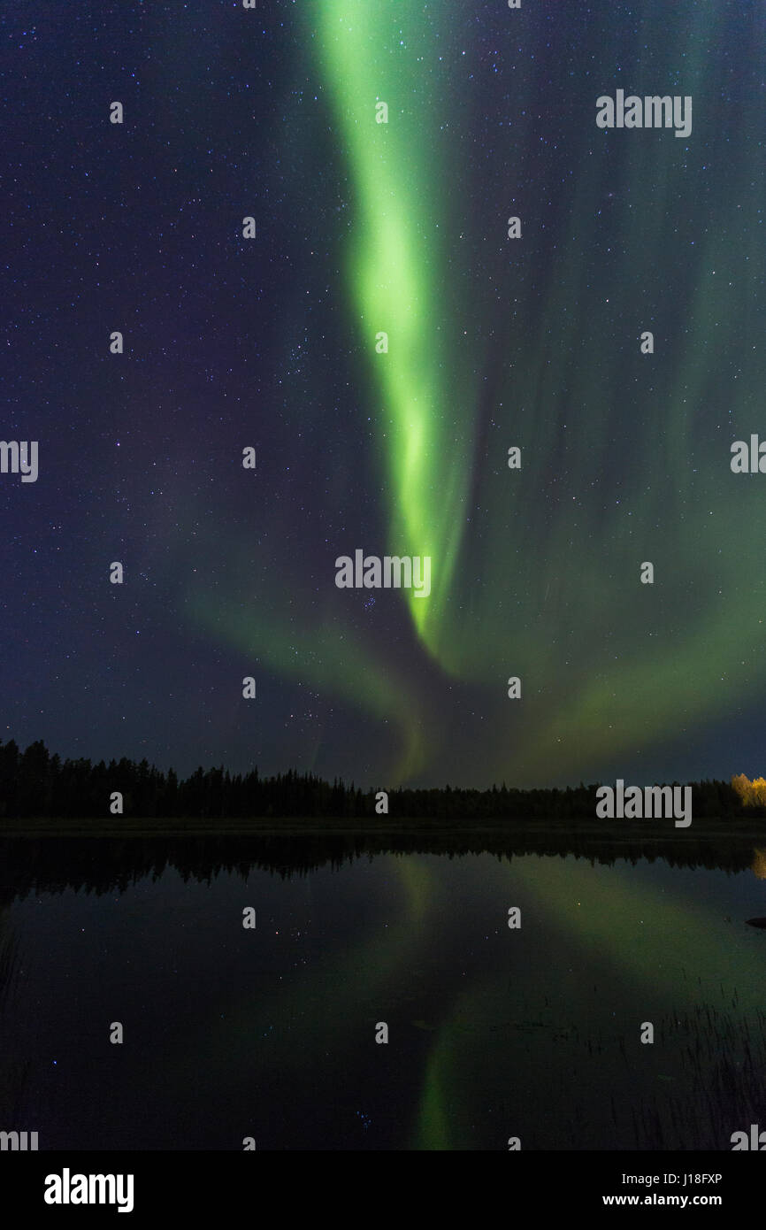 Northern Light, Aurora borealis, reflecting in a lake, Gällivare, Swedish Lapland, Sweden Stock ...