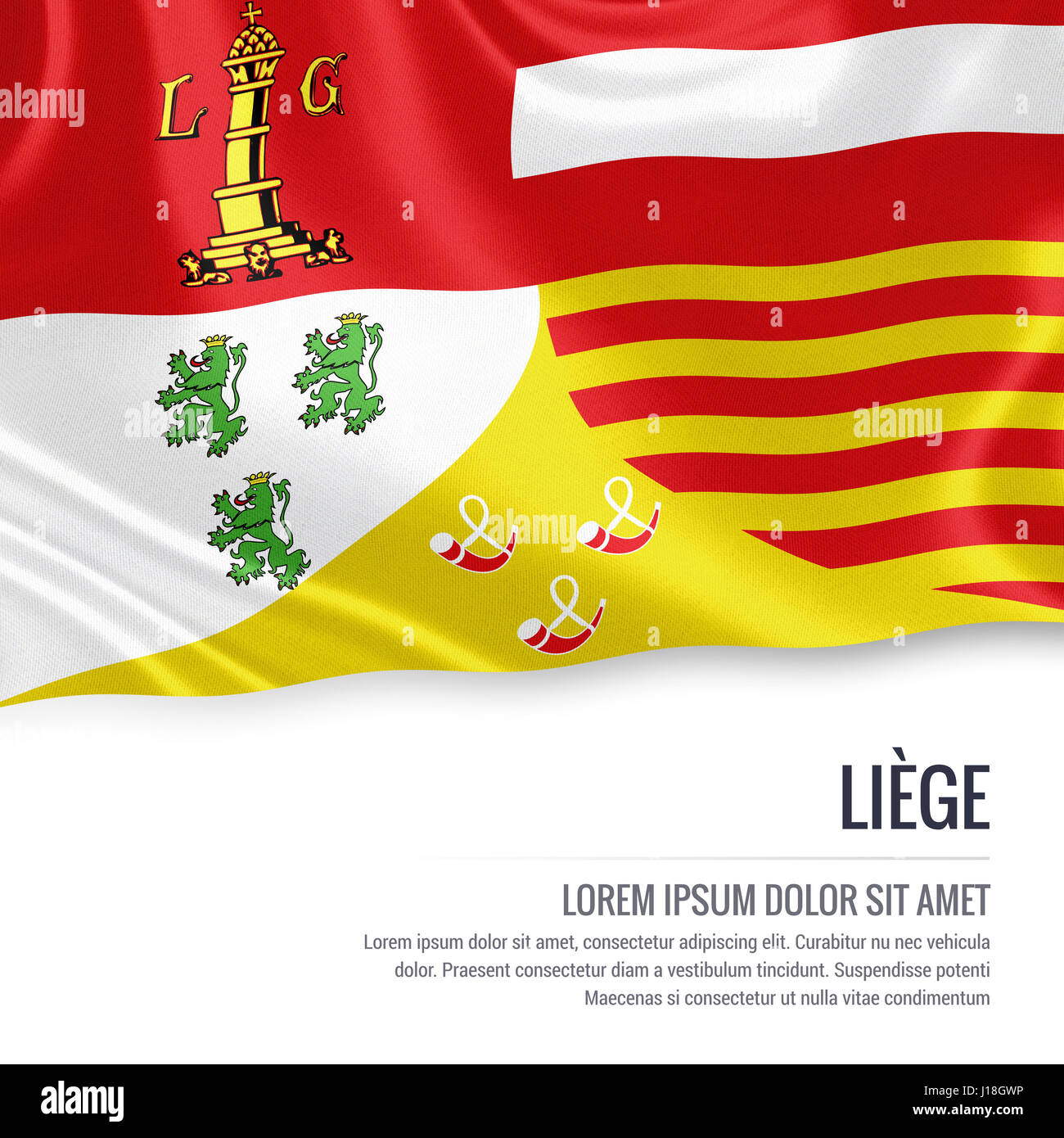 Flag of Belgian state Liege waving on an isolated white background ...
