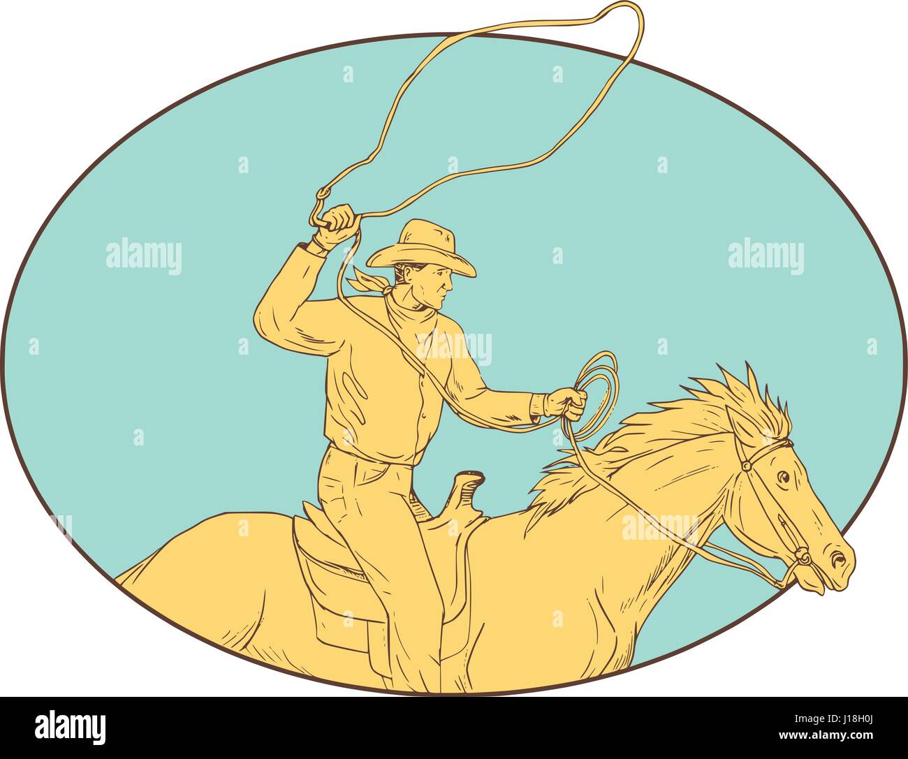 Drawing sketch style illustration of a cowboy holding lasso riding ...