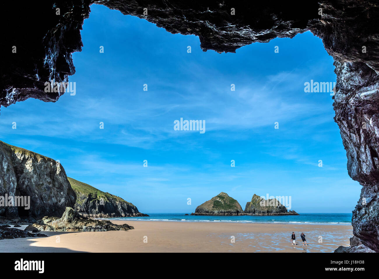 View from inside a cave on Holywell Bay, Cornwall, England, UK Stock ...