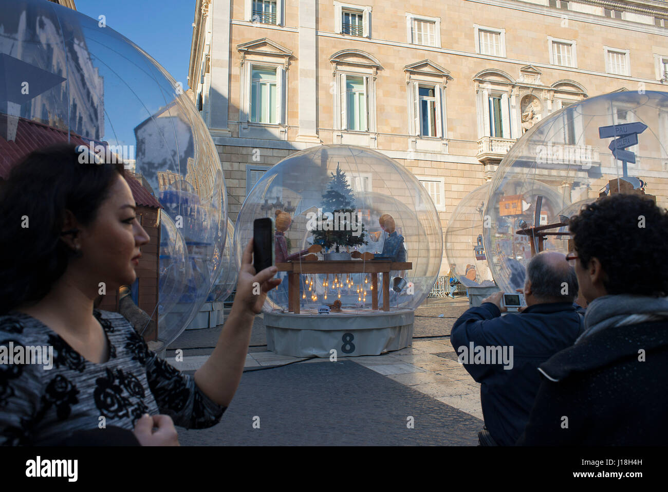 Nativity Scenes in St Jaume Square in Barcelona, Catalonia, Spain. The ...