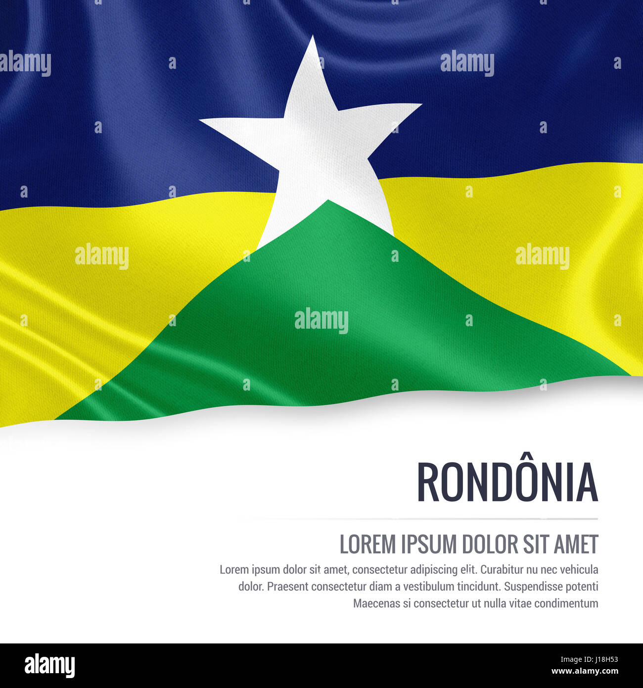 Flag of Brazilian state Rondonia waving on an isolated white background ...