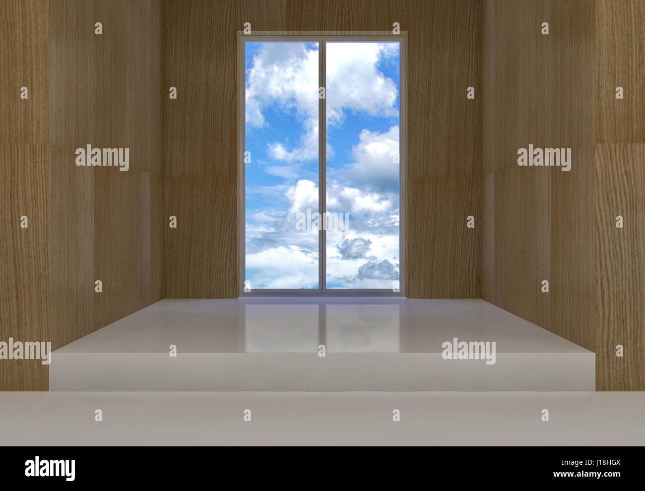 Room with wooden walls and white floor and clouds view on window Stock ...