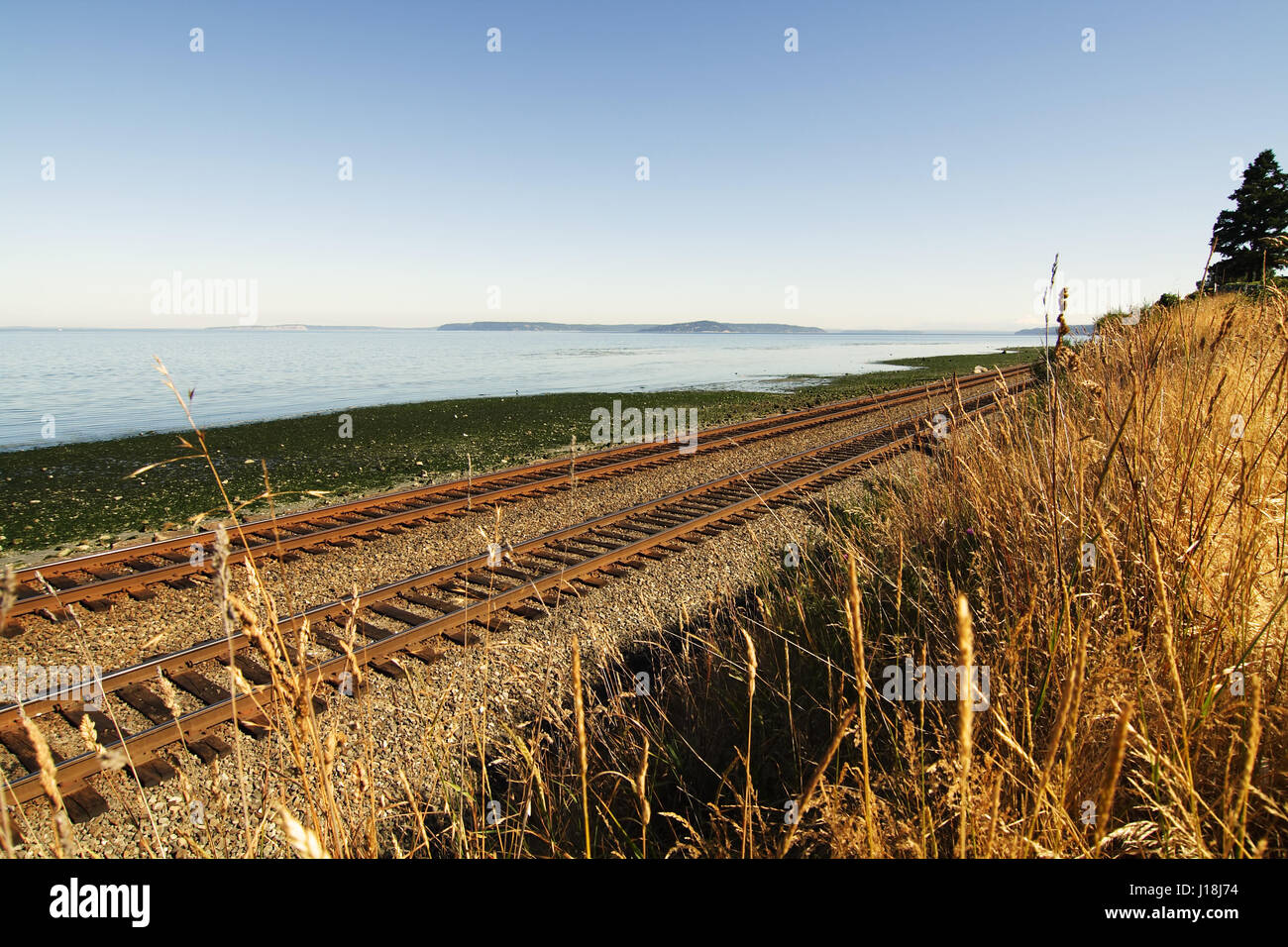 Railroad tracks next to the sea Stock Photo - Alamy