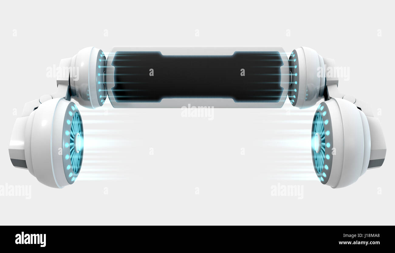 A white futuristic robotic arm device with a screen and a light ...
