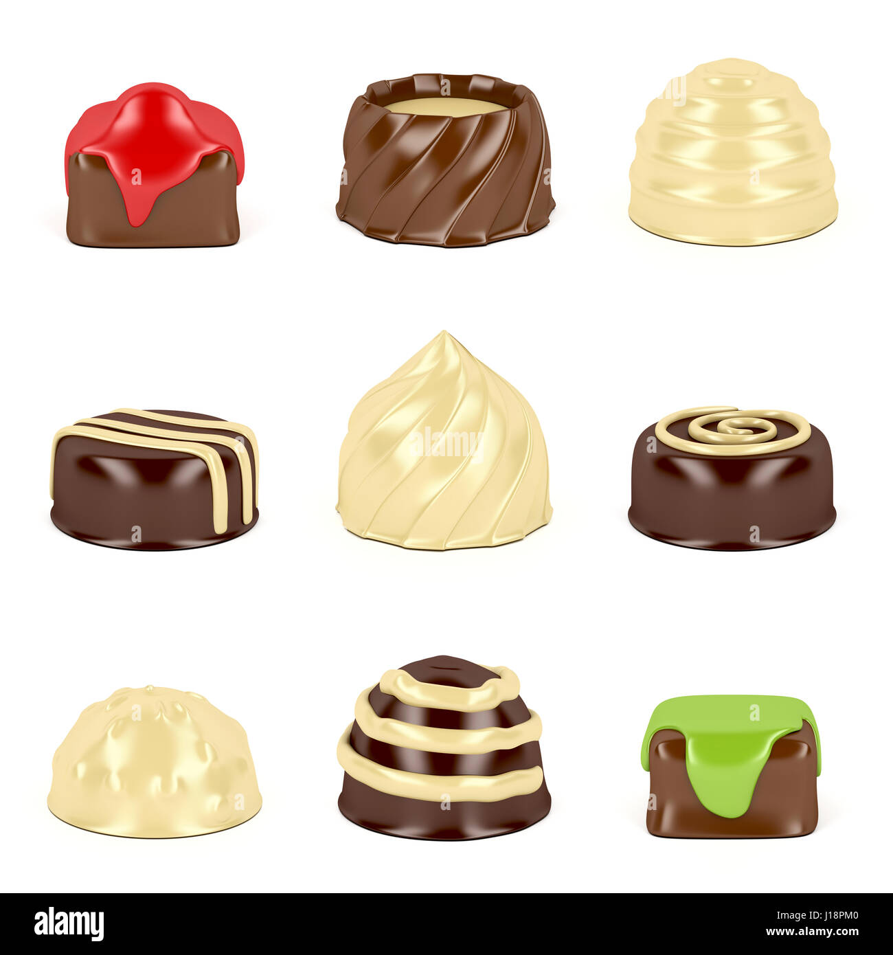 Nine different types of chocolate candies on white background Stock ...