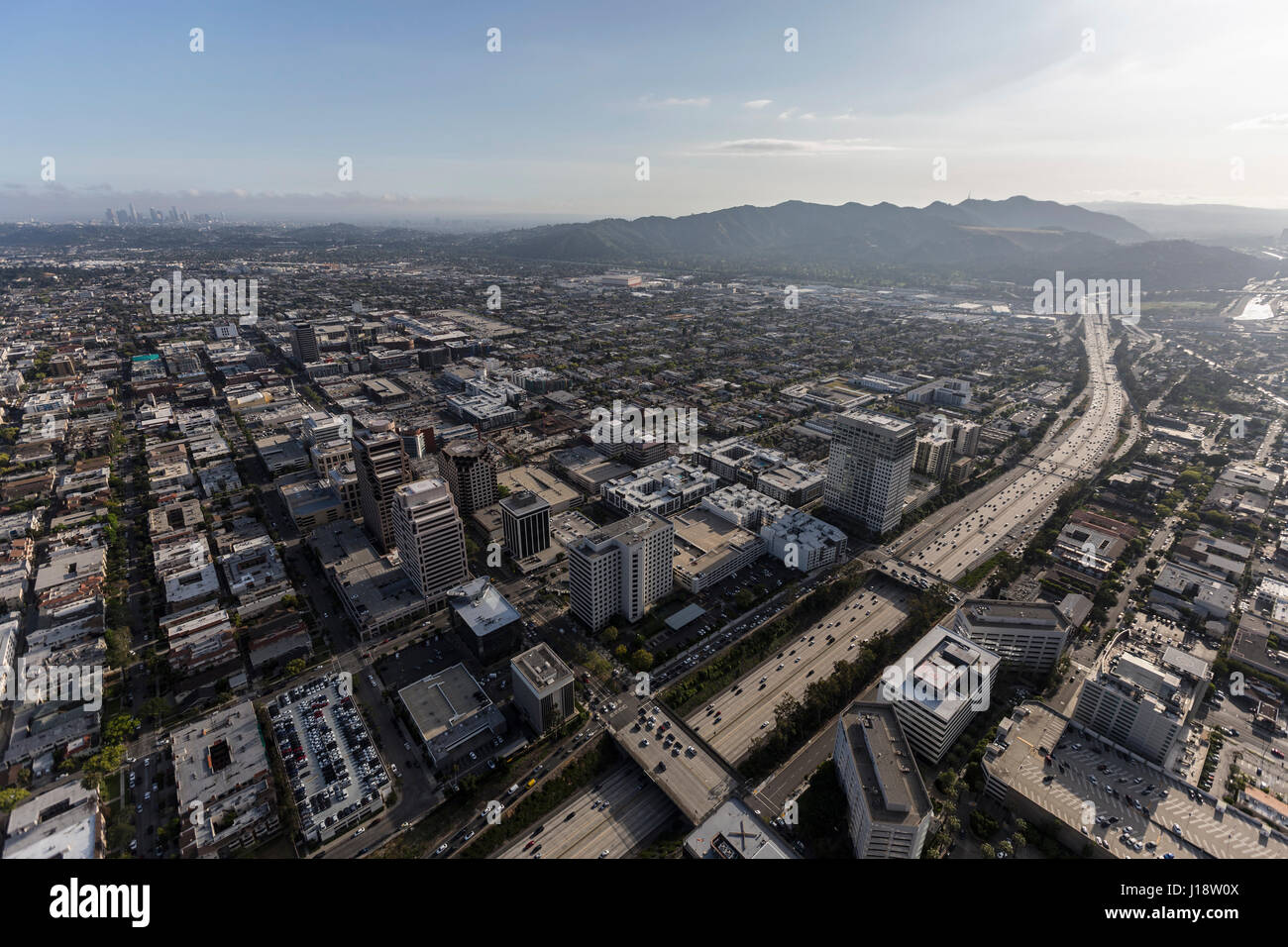 Aerial view of downtown Glendale California and the Ventura 134 freeway ...