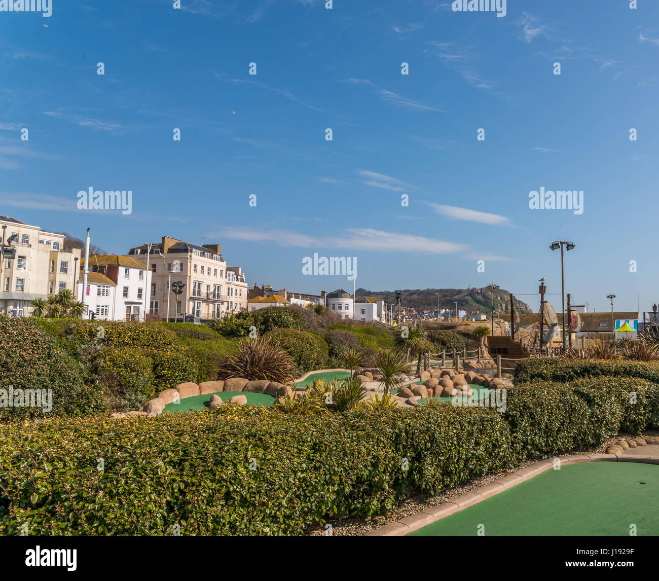 View of minigolf fields, recreational facilities in seaside village ...
