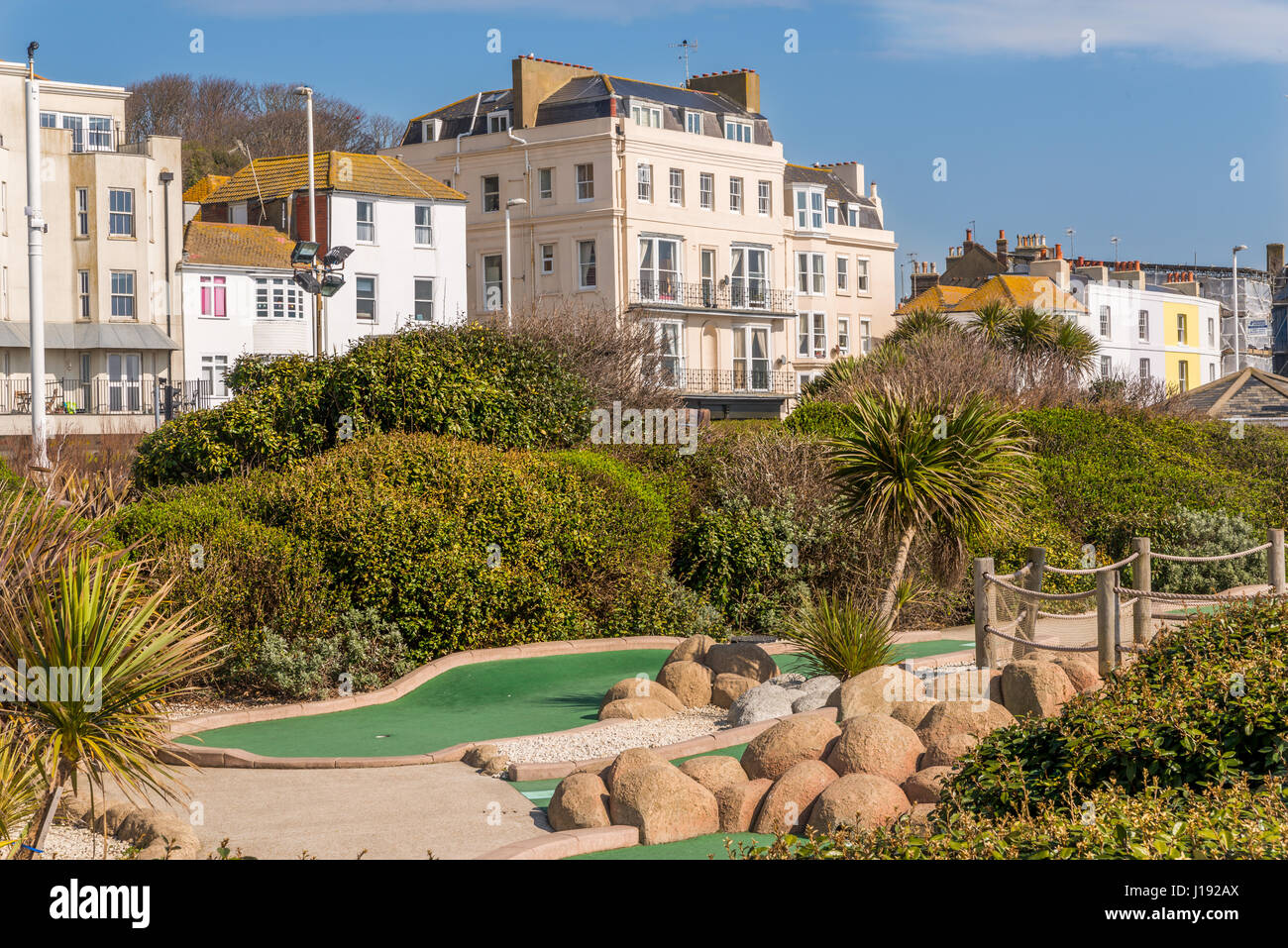 View of minigolf fields, recreational facilities in seaside village ...