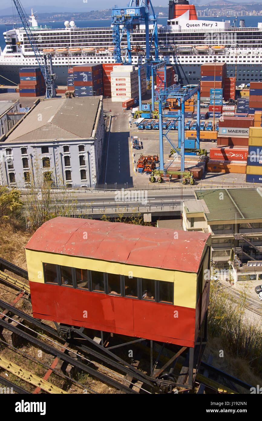 Historic funicular in the UNESCO World Heritage port city of Valparaiso ...
