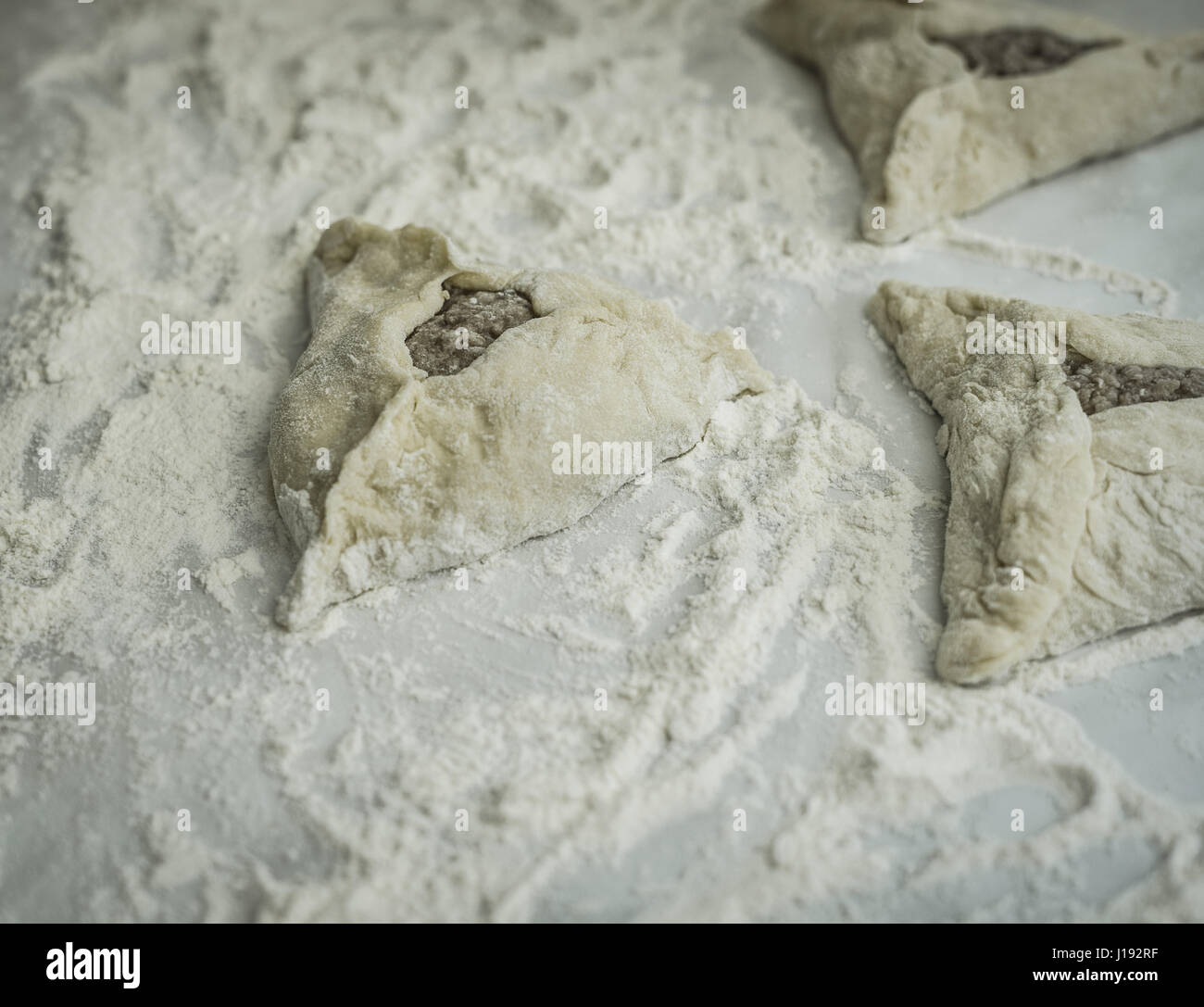 Baking peremech concept. Flour, dough and meat cooking ingredients ...