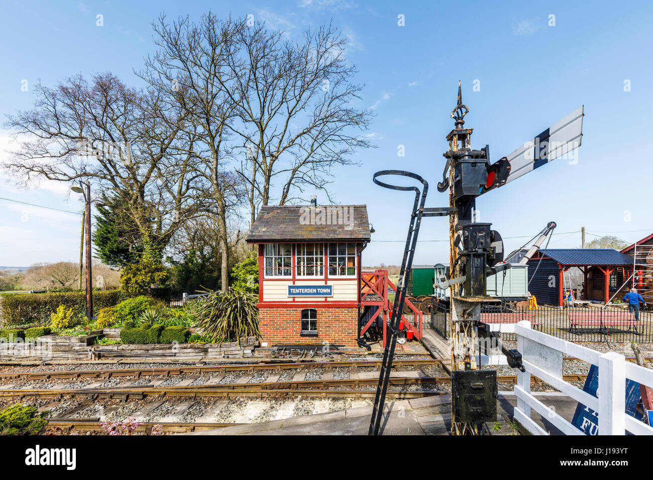 Traditional old-fashioned signal box and railway signal, Tenterden Town ...