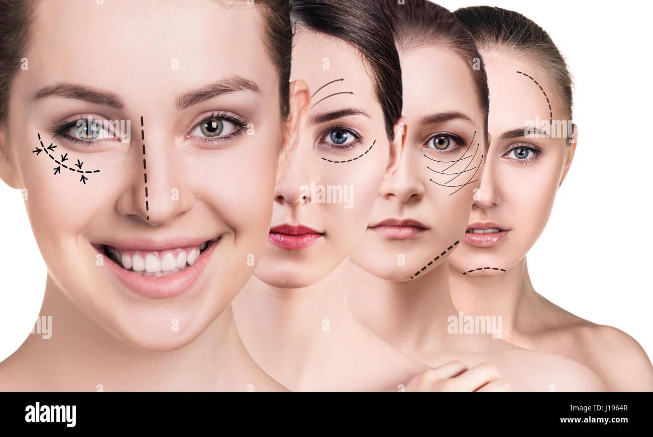 Woman's faces with lifting arrows Stock Photo - Alamy