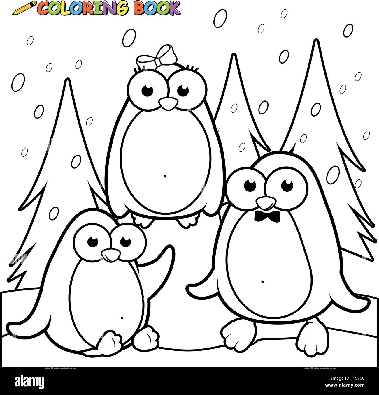 Happy penguins in the snow. Cartoon cute penguin birds in a winter ...
