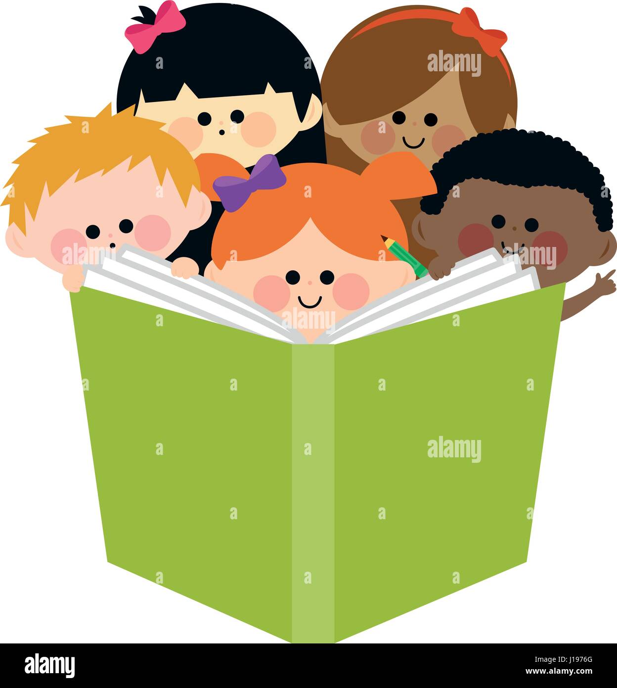 Diverse group of children reading a book. Happy school kids, boys and ...