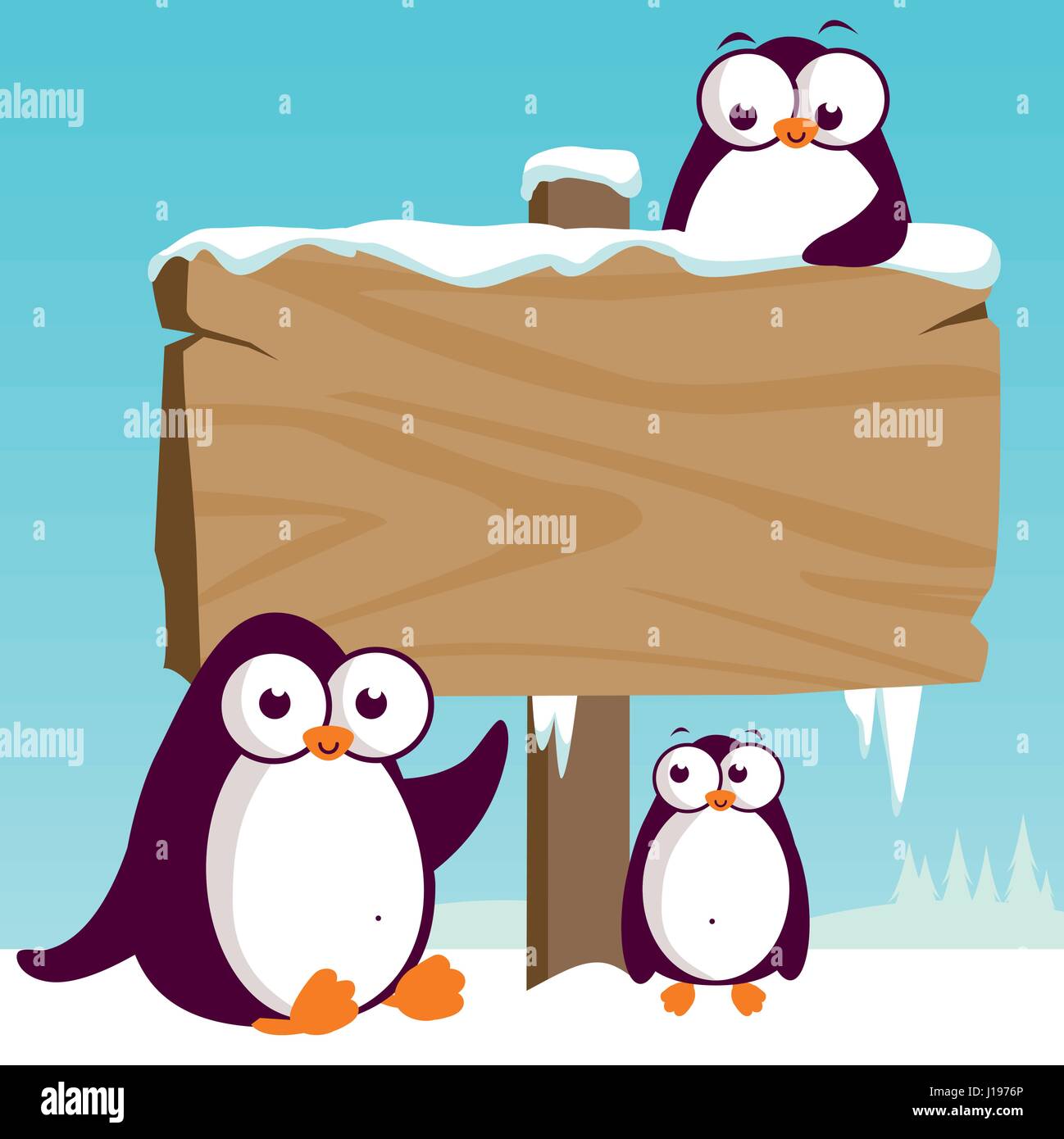Blank wooden sign on a winter landscape with penguins in the snow ...