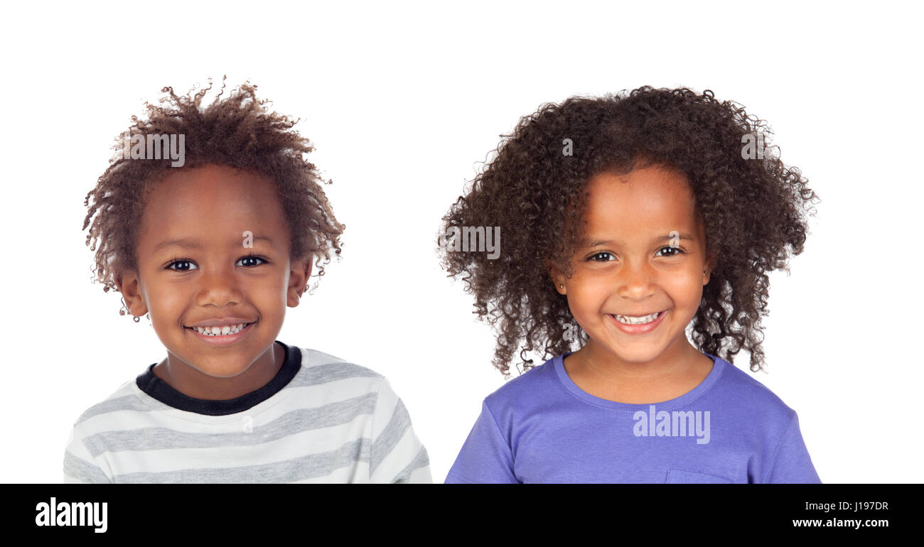 Two happy children looking at camera isolated on a white background ...