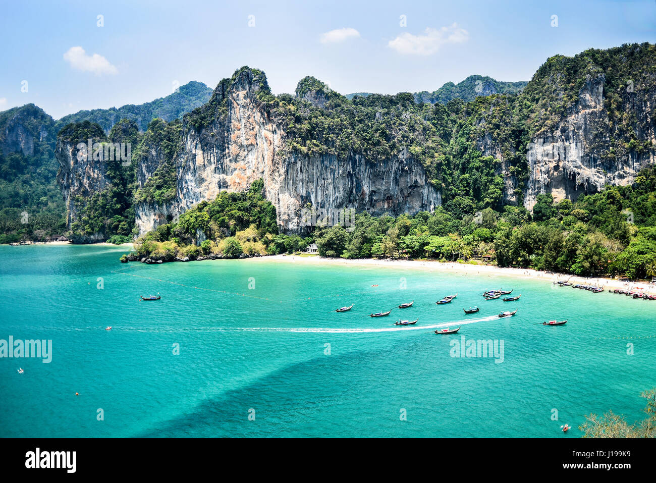 Landscape of Krabi beach, with rocks and boats, Thailand Stock Photo ...