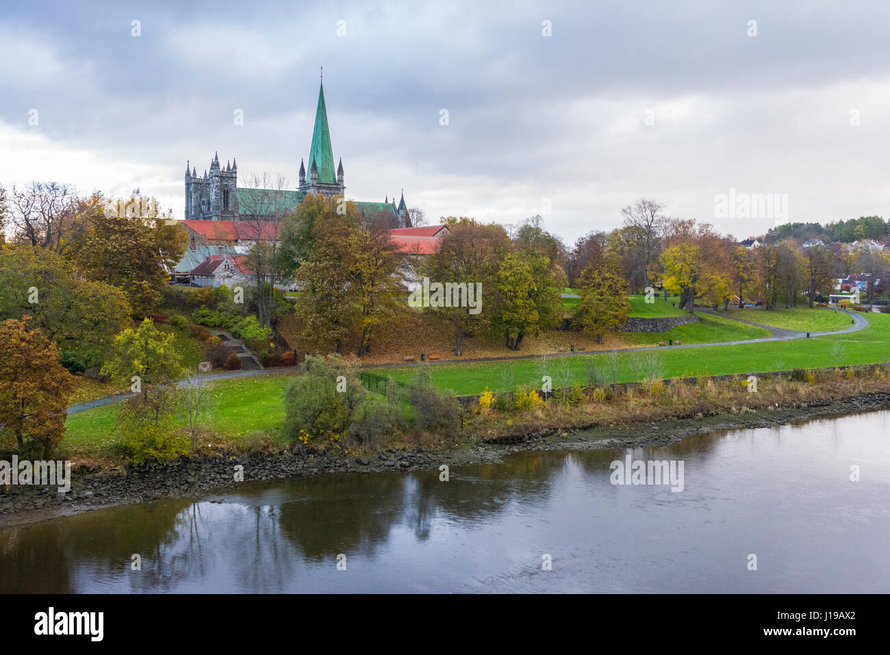 Trondheim Cathedral, seen from across the river Nidelva, Trondheim ...