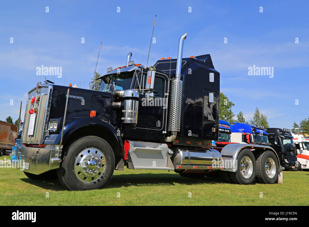 PORVOO, FINLAND - JULY 2, 2016: Dark blue Kenworth W900 truck tractor ...