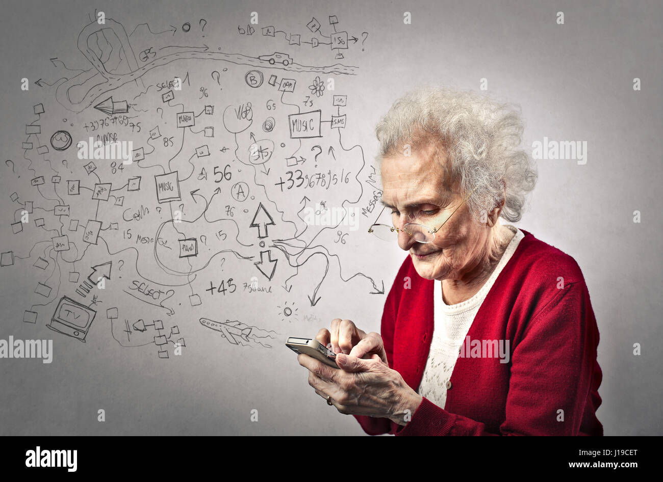 old lady using phone, drawings of icons Stock Photo - Alamy