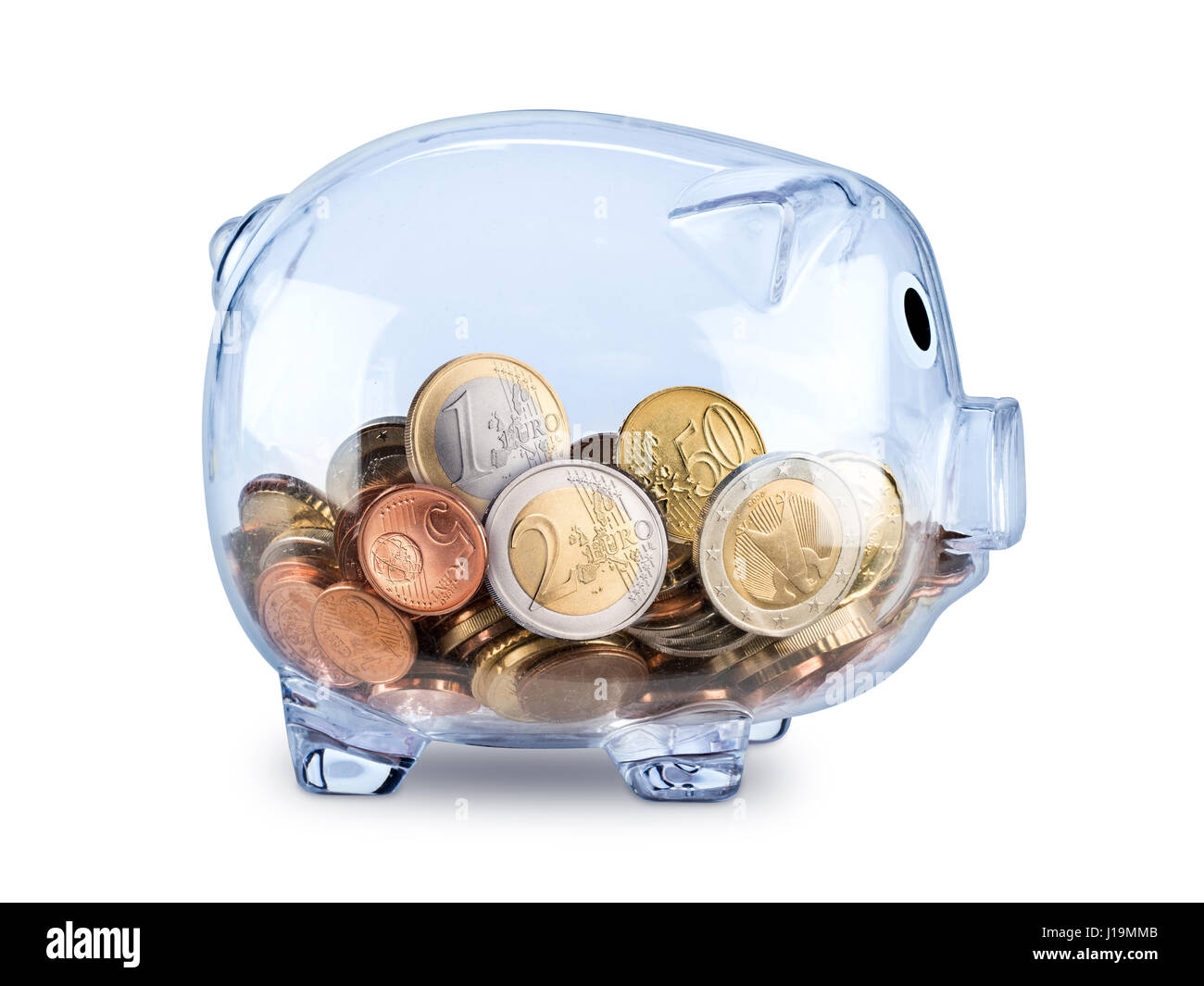 transparent see through piggy bank filled with euro coins isolated on ...