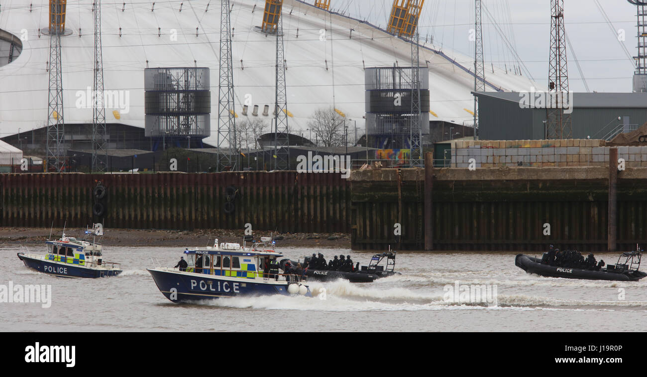 Police stage anti terrorism exercise on the River Thames by the O2 ...