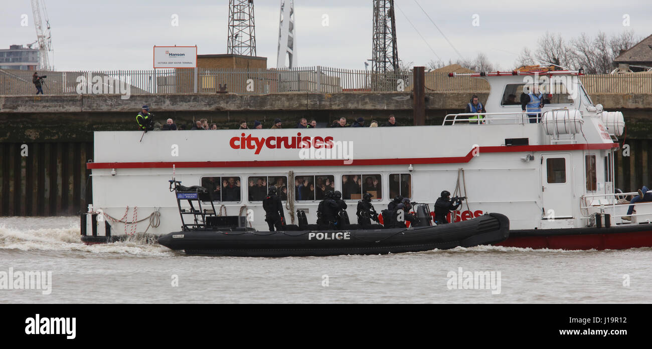 Police stage anti terrorism exercise on the River Thames by the O2 ...