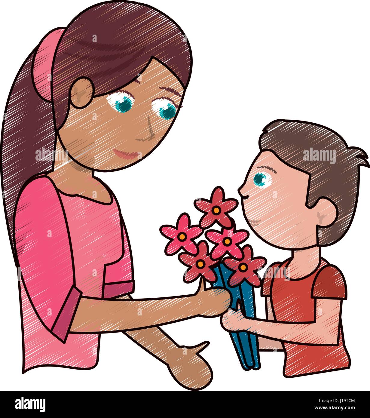 drawing son gift bouquet flower to mother Stock Vector Image & Art - Alamy