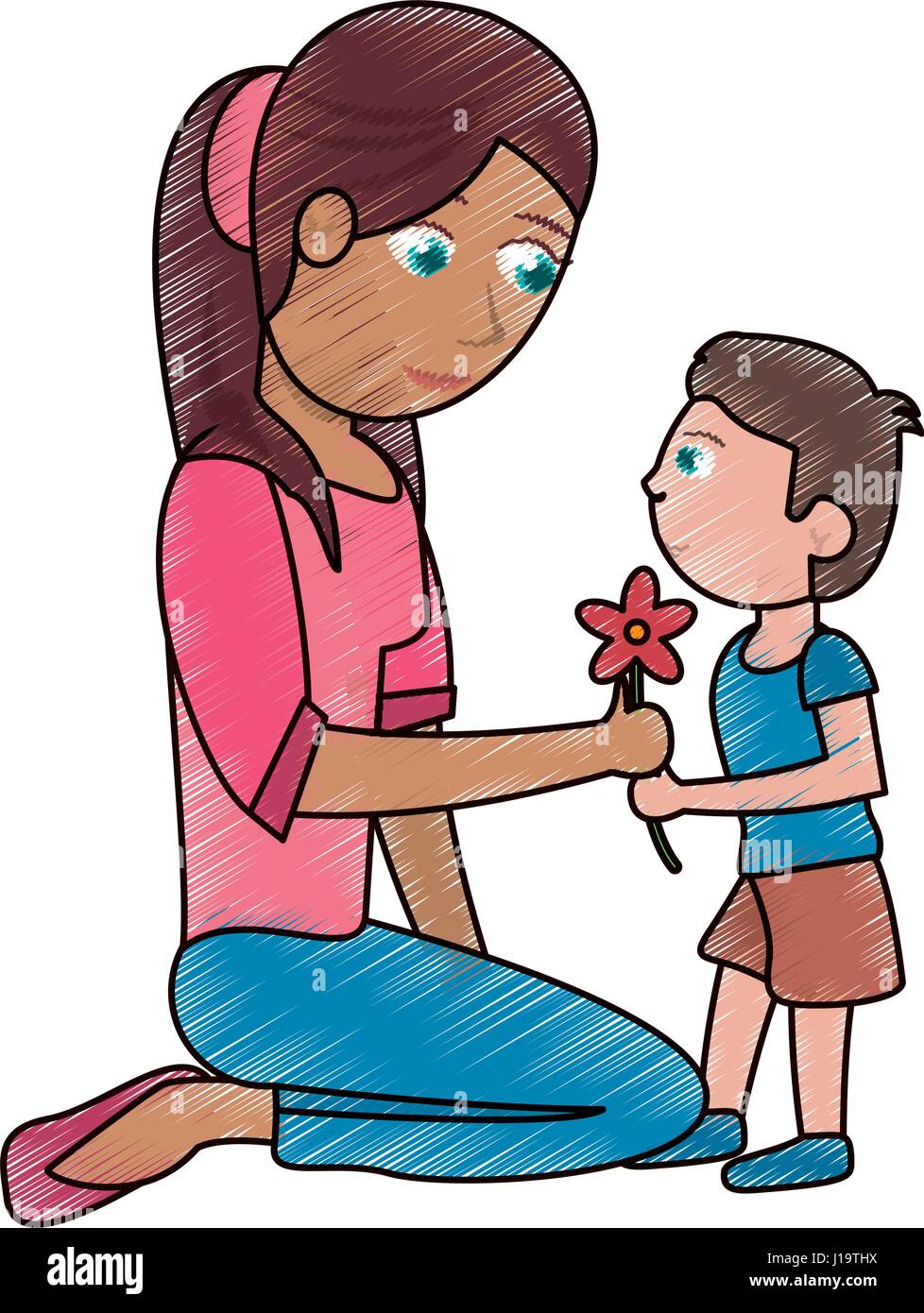 Son giving mother flowers Stock Vector Images - Alamy