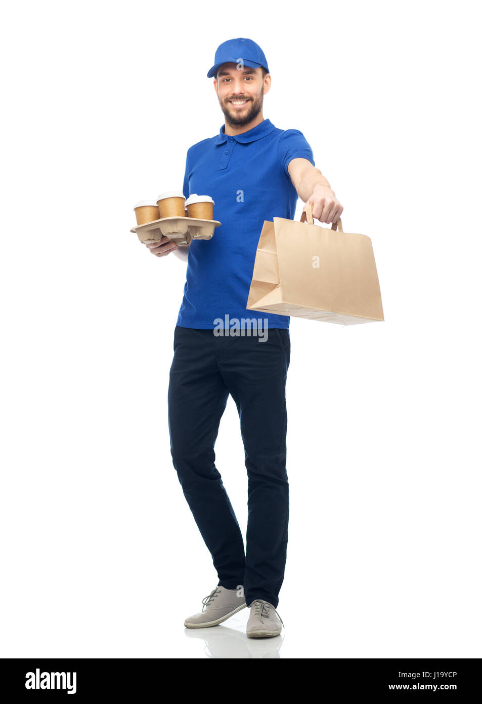 happy delivery man with coffee and food in bag Stock Photo - Alamy