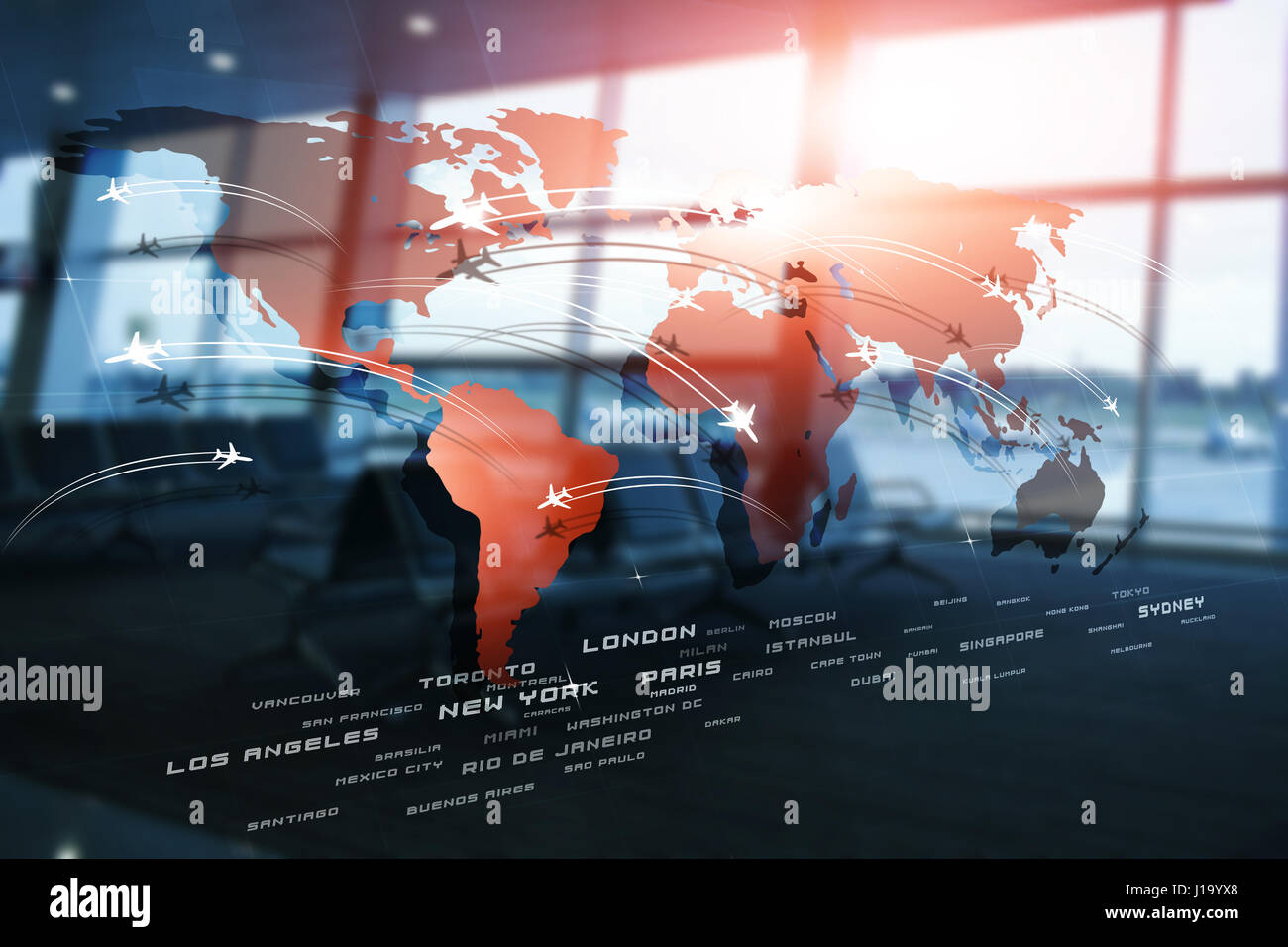 business aviation background with planes on world map on blurred ...