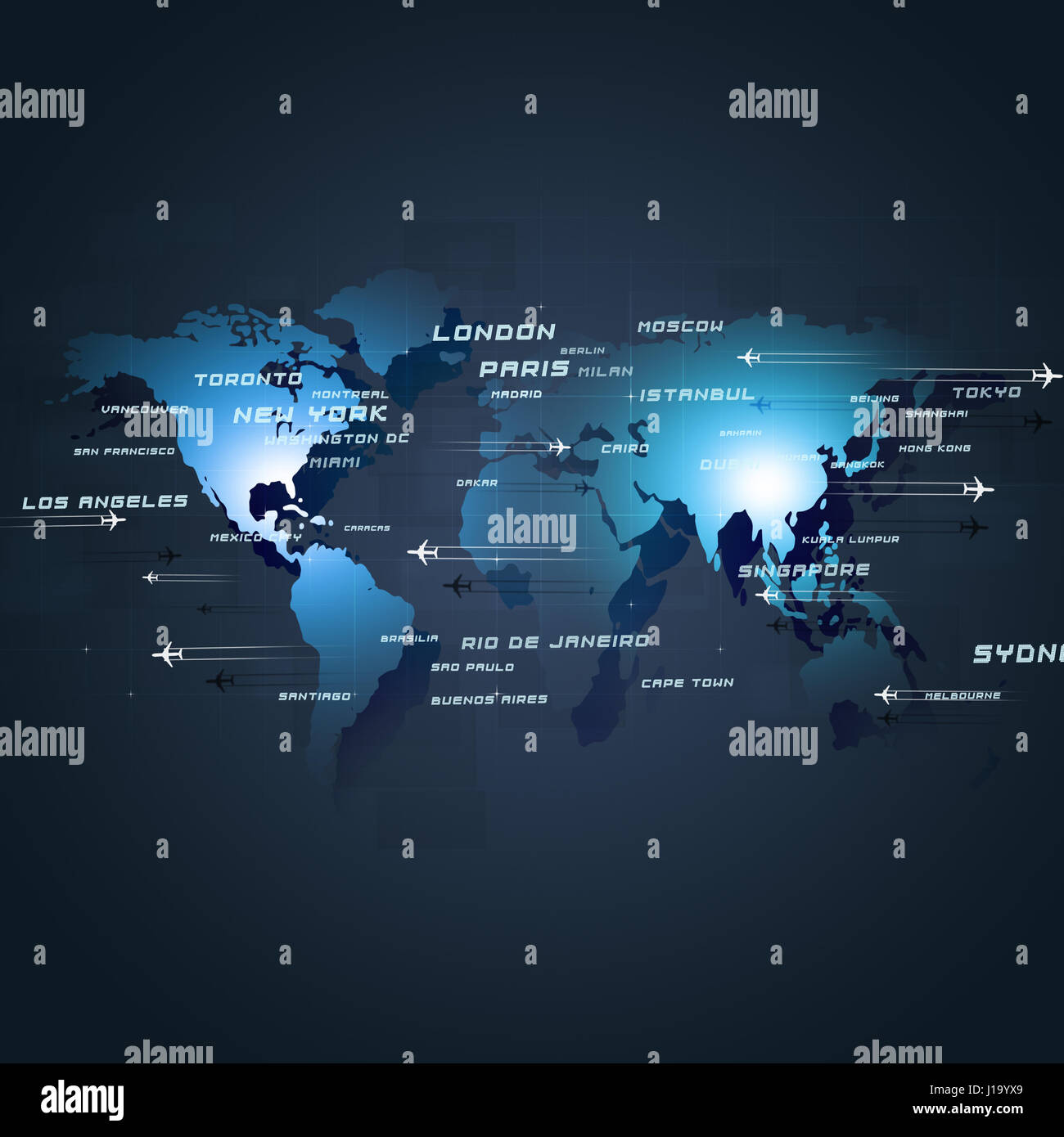 global aviation background with planes and city names on a map Stock ...