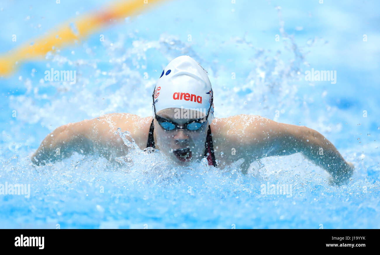 Anna Hopkin competes in the Women's 50m Open Butterfly heats during day ...