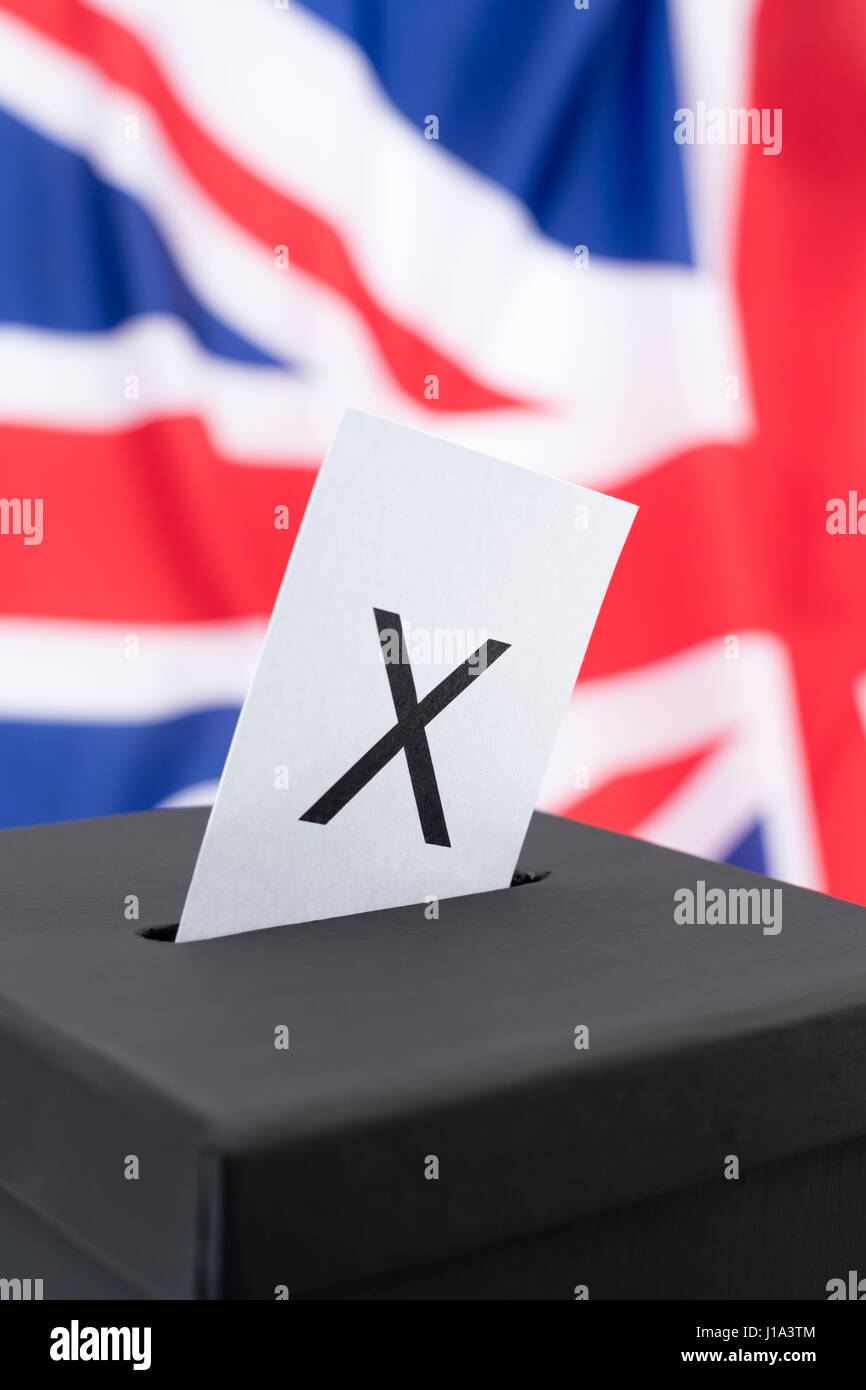 Replica black ballot box set against UK flag / Union Jack as metaphor ...