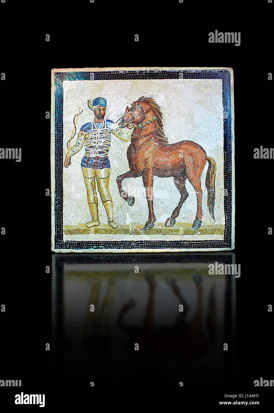 Roman geometric floor mosaic depicting horsemen and their horses from ...
