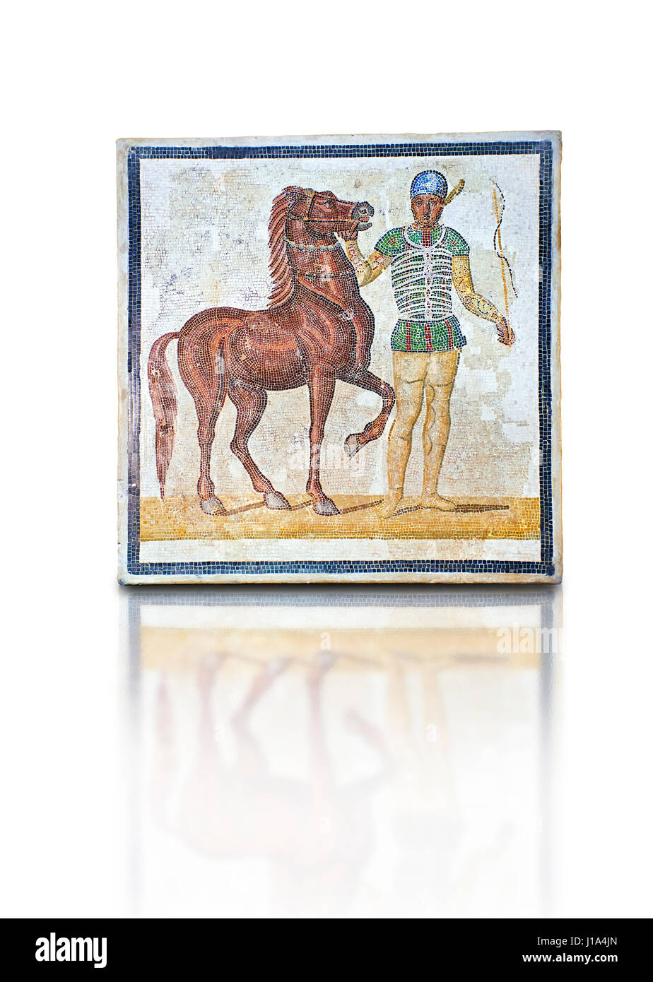 Roman geometric floor mosaic depicting horsemen and their horses from ...
