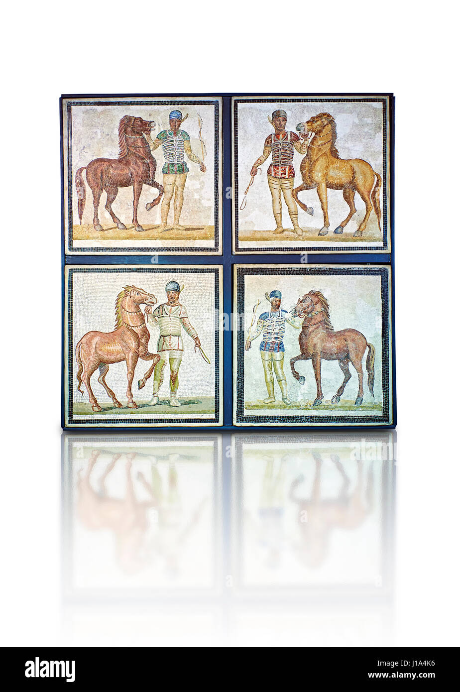 Roman geometric floor mosaic depicting horsemen and their horses from ...
