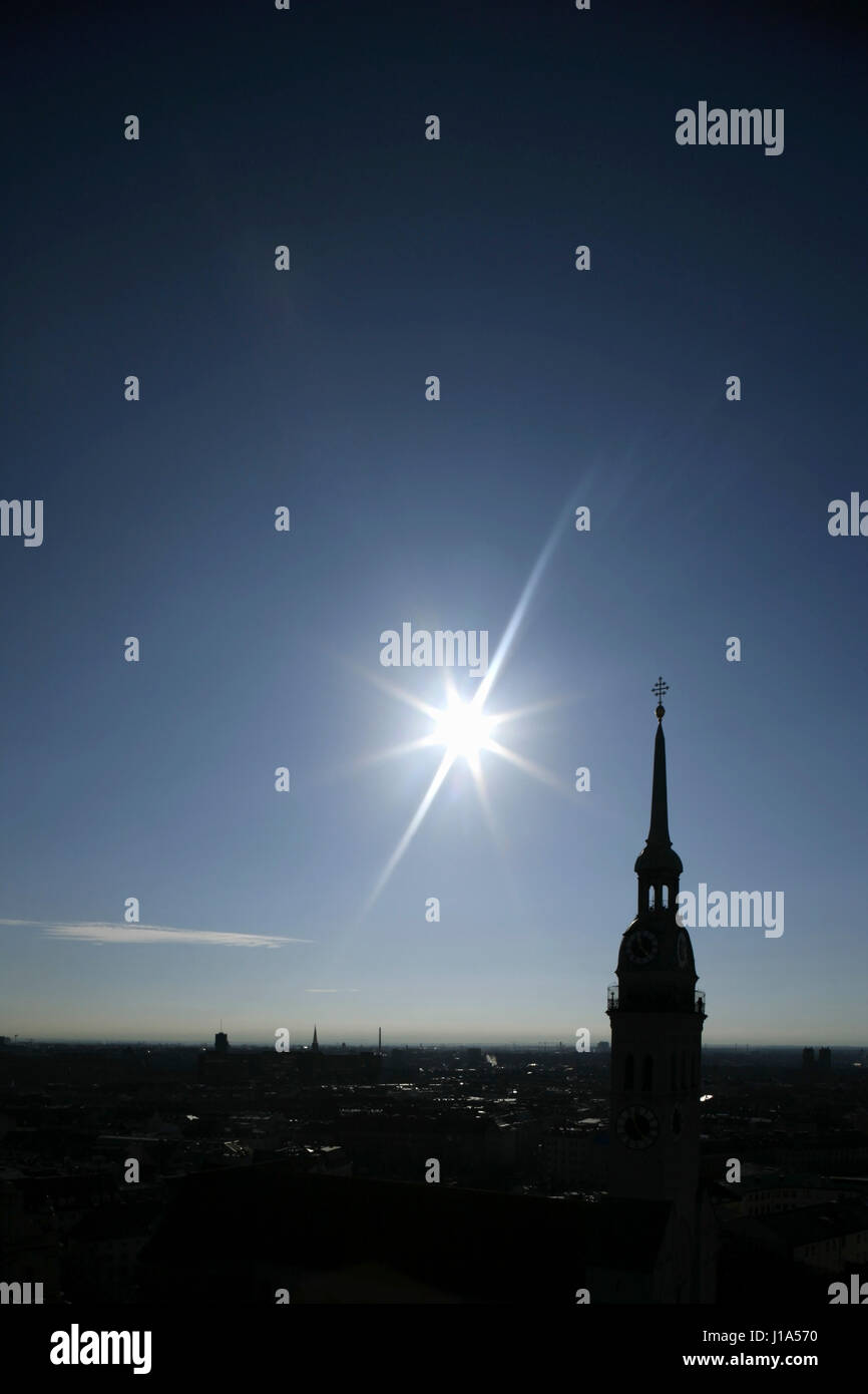 Spire of St Peterskirche or St Peter's Church, Marienplatz, Munich ...