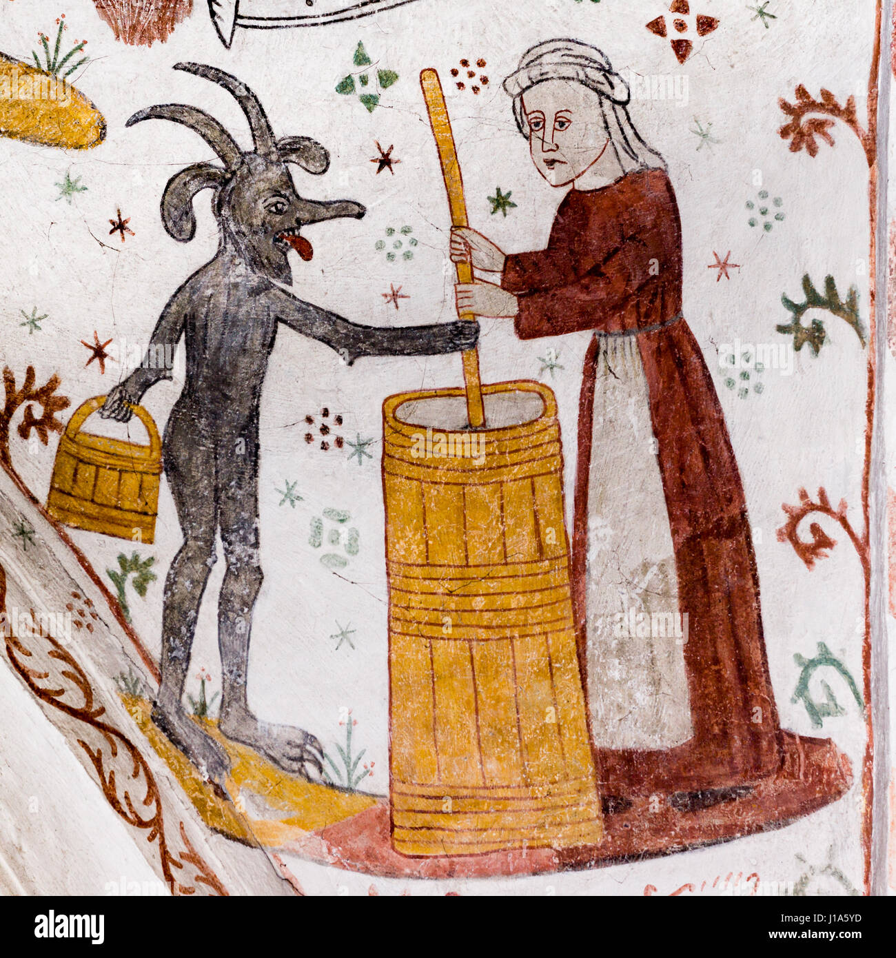 Medieval Fresco of a woman churning Butter with the Devil, Tingsted ...