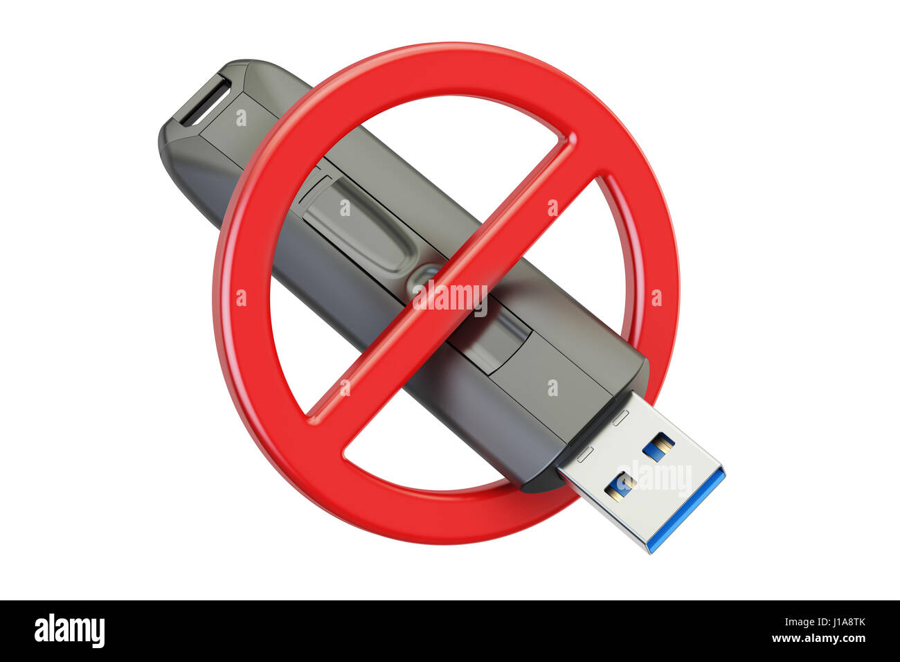 Forbidden sign with USB flash drive, 3D rendering isolated on white ...