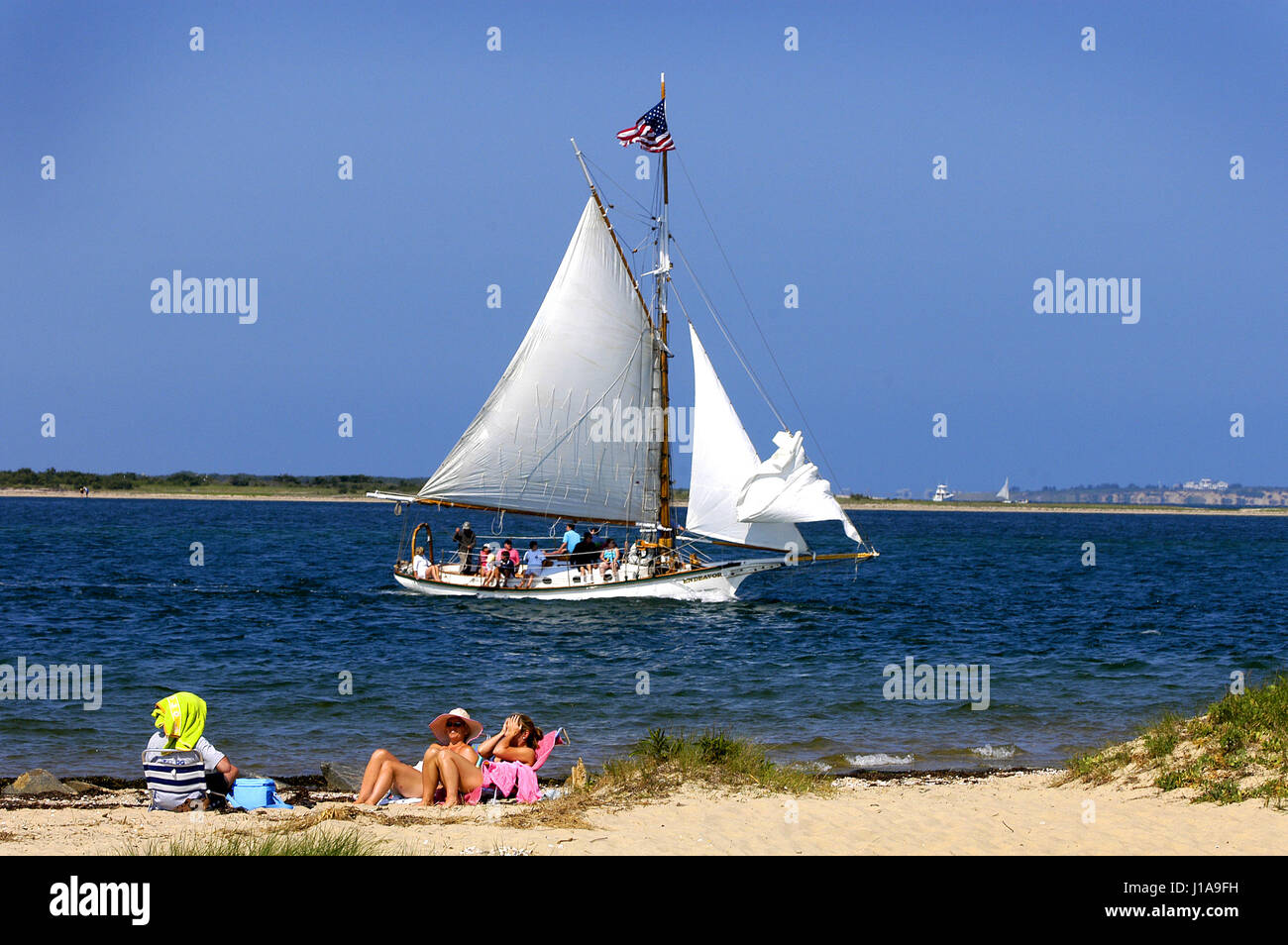 Sailing vessel "Endeavor" passing the beach at Brant Point * Nantucket ...