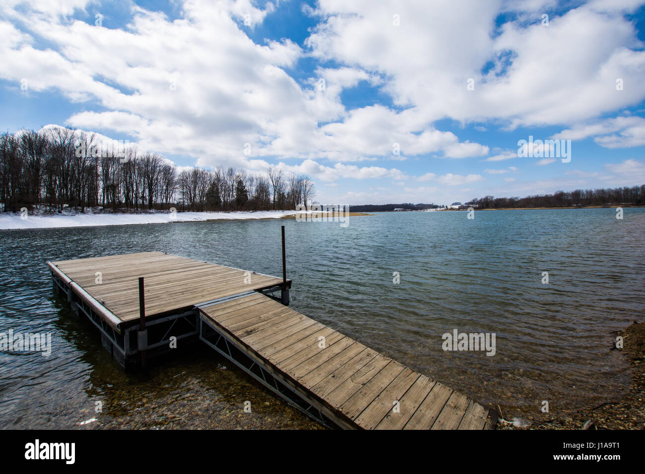 Snowy docks in Lake Marburg in codorus state park, pennsylvania Stock ...