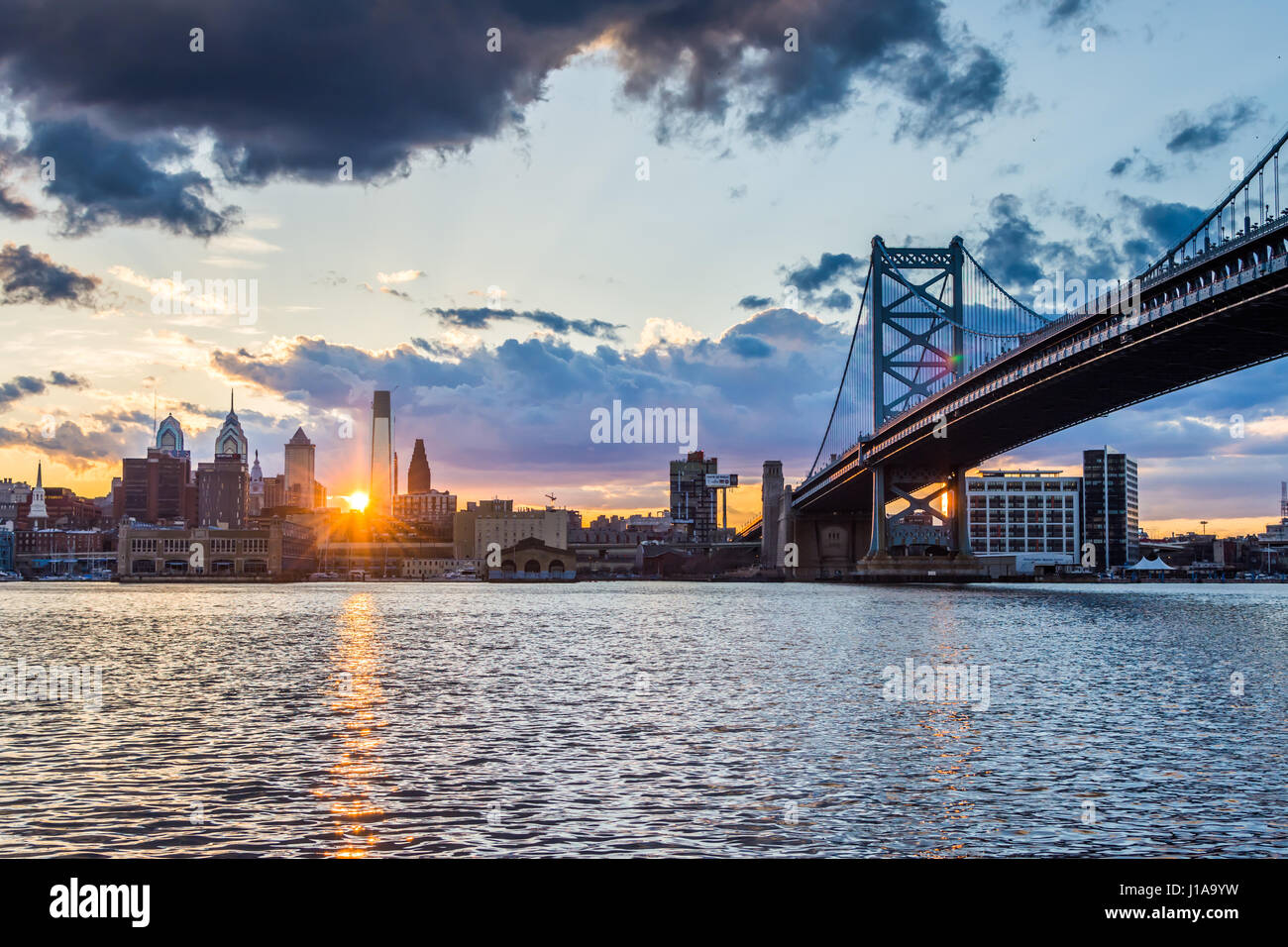 sunset skyline of philadelphia pennsylvania from camden new jersey with ...
