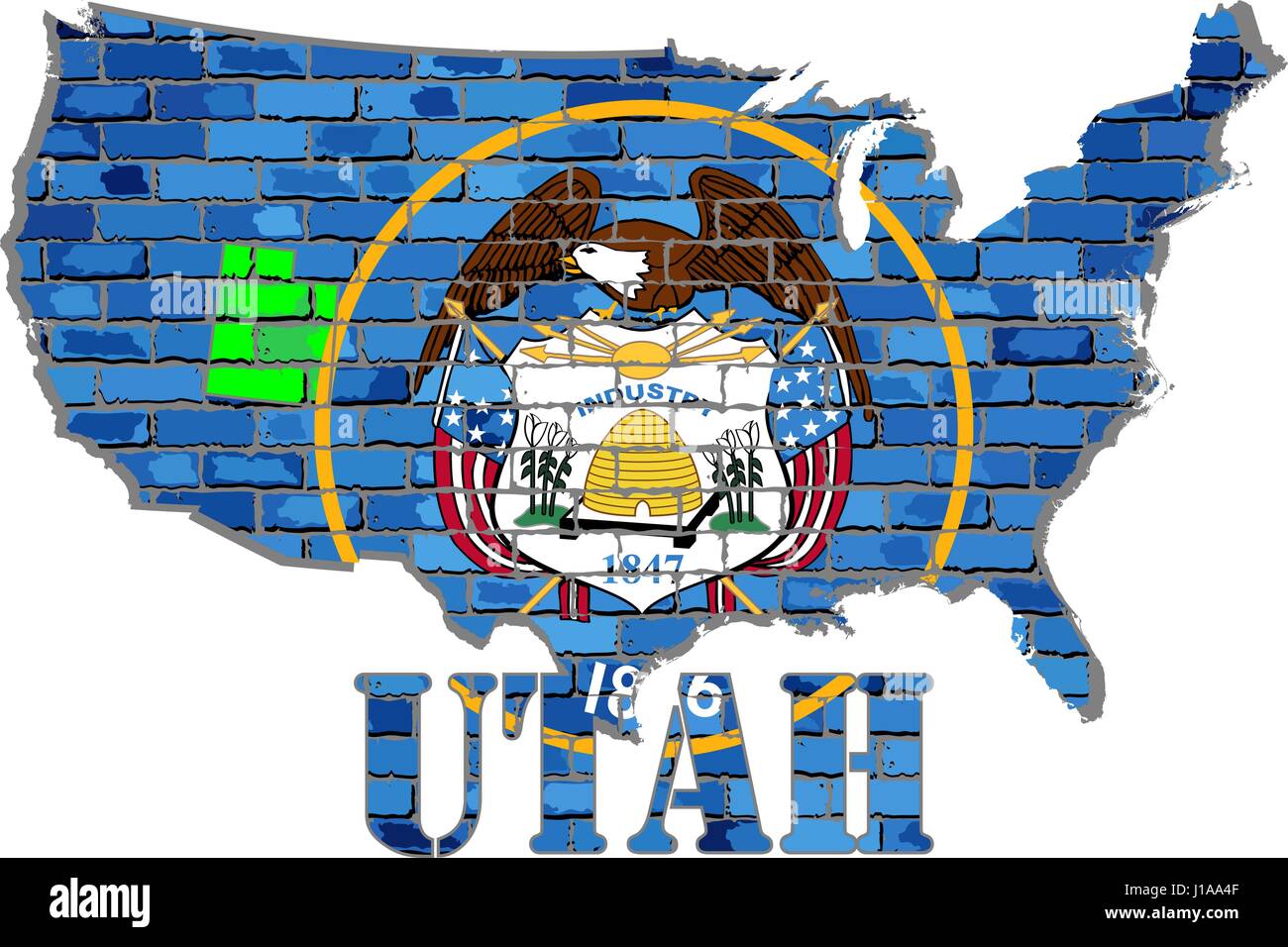 Utah on a brick wall - Illustration, Font with the Utah flag, Utah map ...