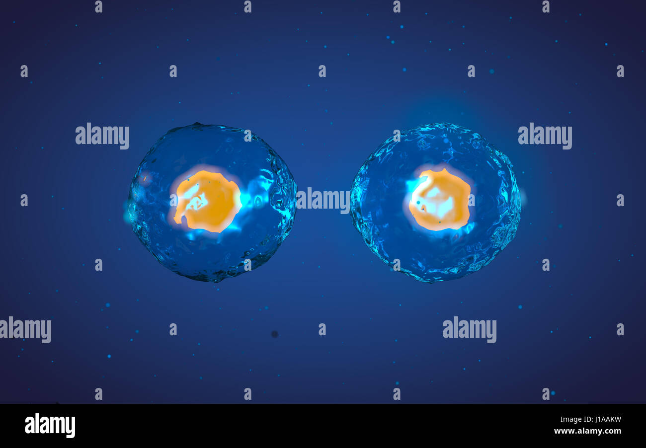 Abstract medical 3D illustration of a cell division process. Yellow ...